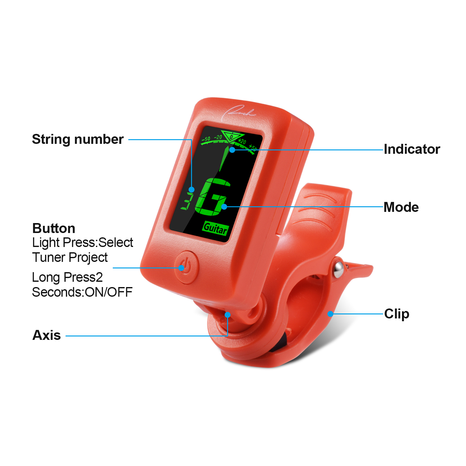 Red Guitar Tuner - Clip-On Tuner Specialized for Ukulele and Guitar