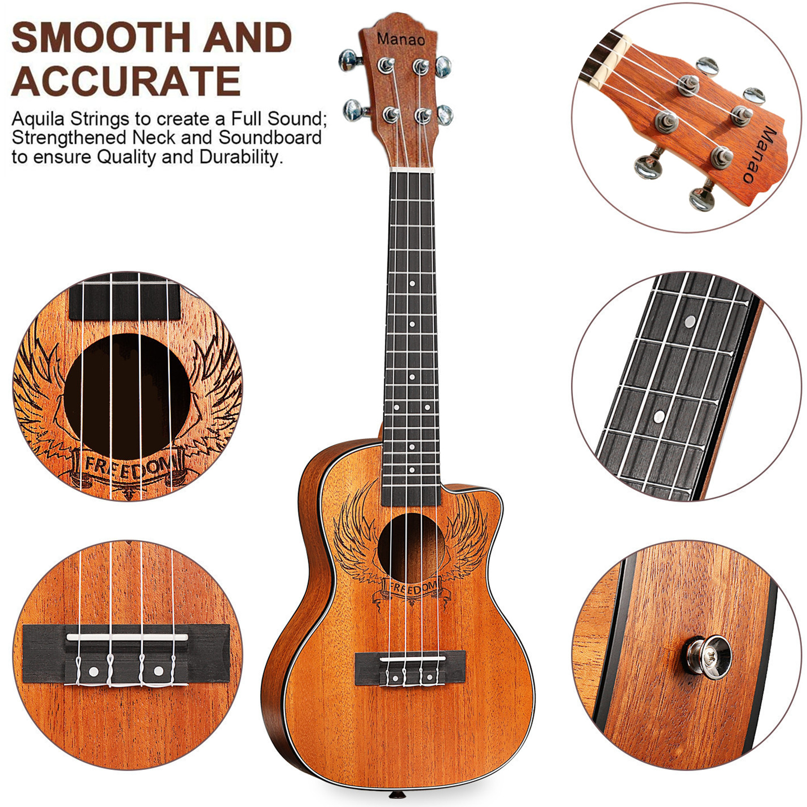 Cutaway Concert Ukulele 23 Inch Ukelele Beginners Kit -Wings